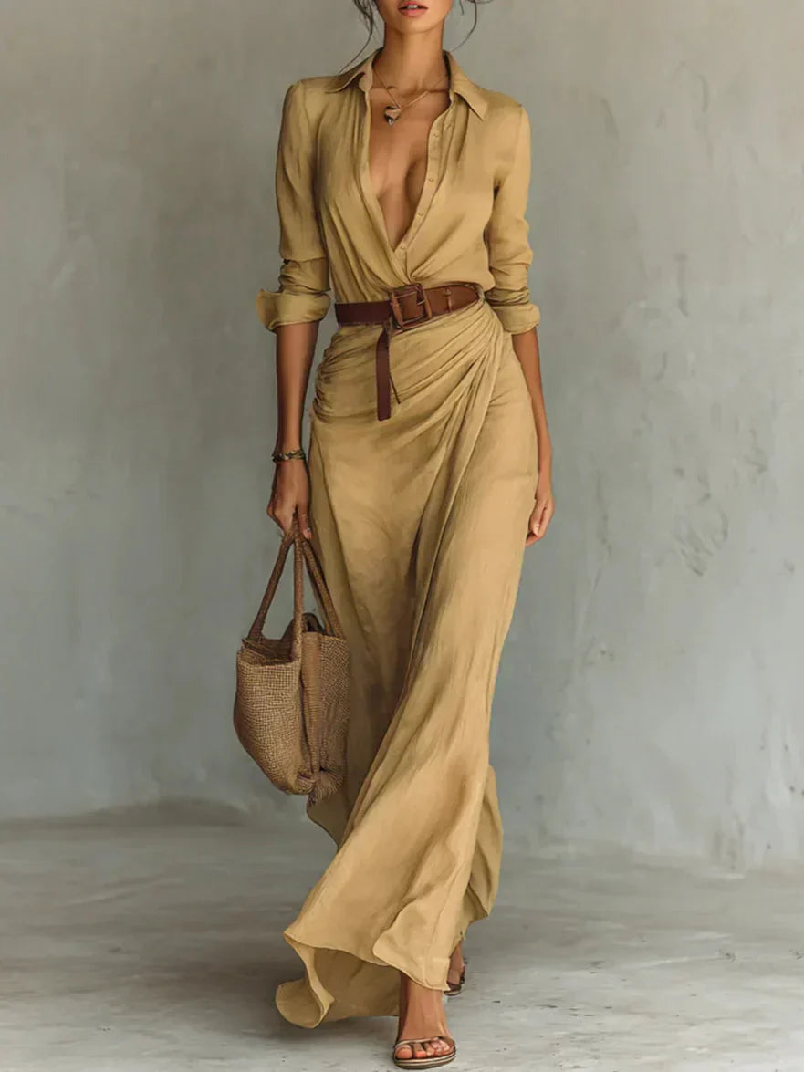 Women Ruched Maxi Shirt Dress Belted Long Sleeve Button Front – Maison-Moda